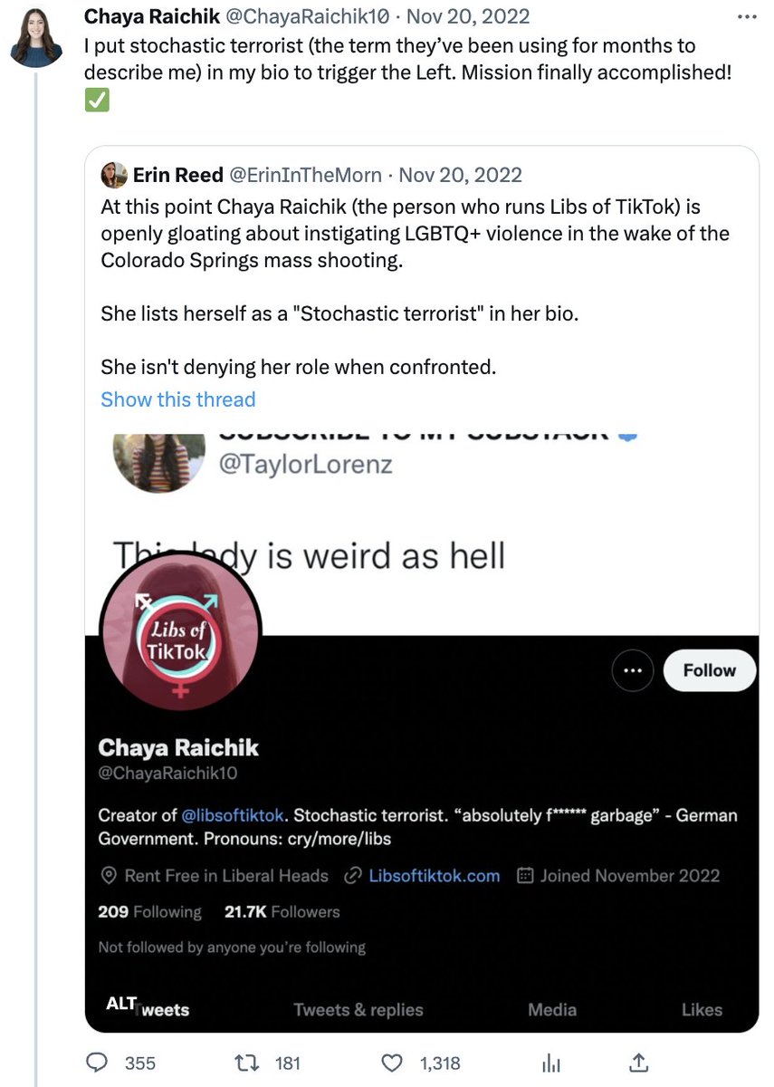 Ari Drennen on Twitter: "Libs of TikTok creator Chaya Raichik appears to have removed ...