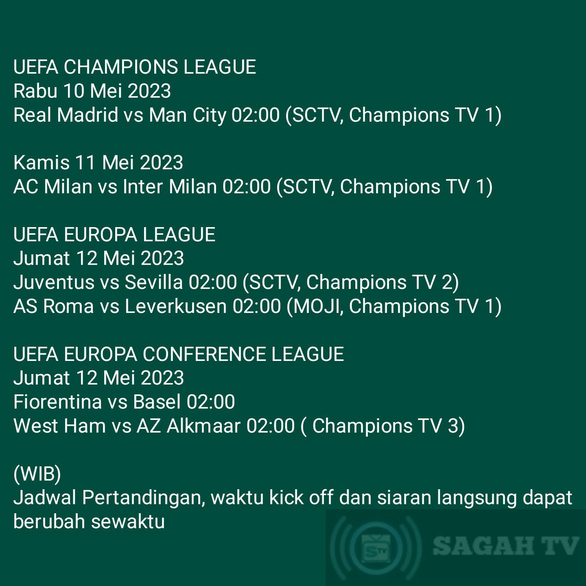 sagahtvlive on Twitter: "#Jadwal Bola :UEFA Champions League (SF) :UEFA Europa League (SF) :UEFA ...