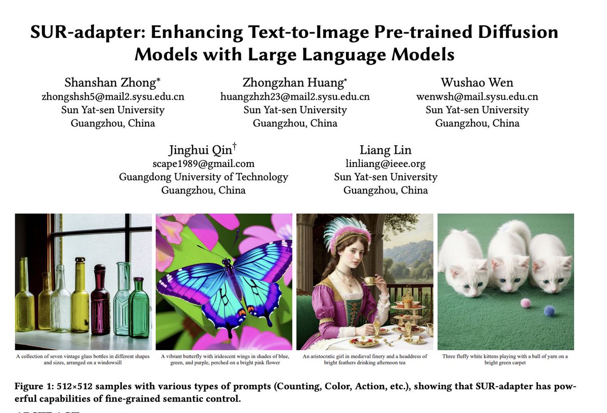 AK on Twitter: "SUR-adapter: Enhancing Text-to-Image Pre-trained Diffusion Models with Large ...