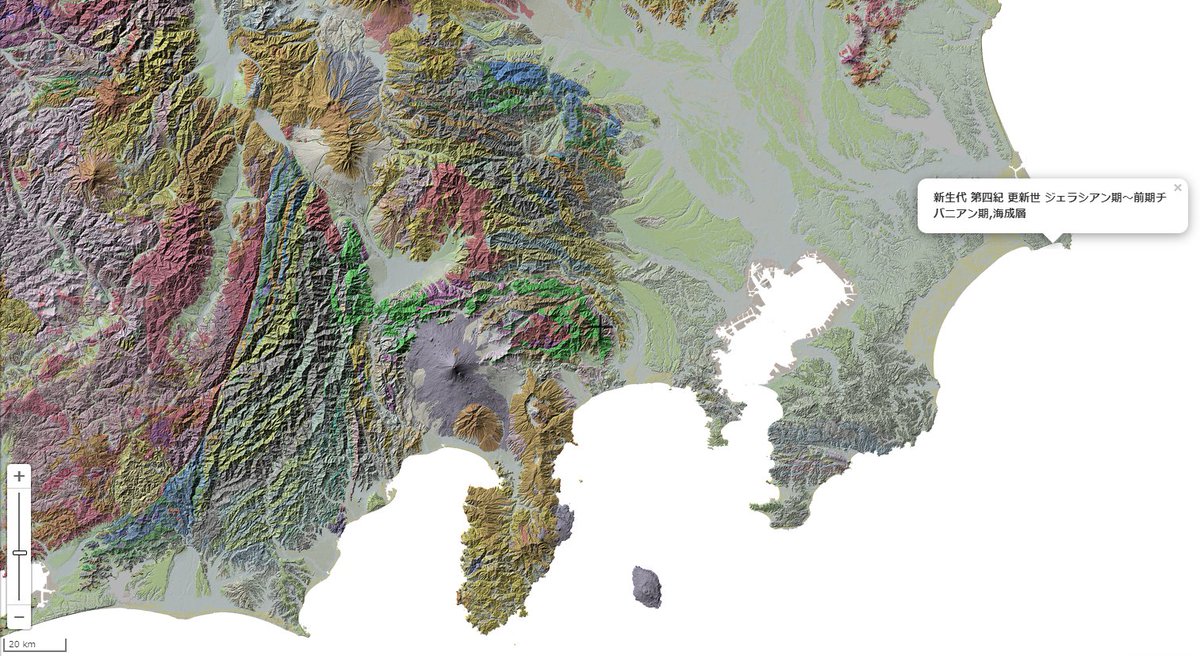 国土地理院 On Twitter 地理院地図 では産総研地質調査総合センターの 地質図 を見ることができます。形成時代や岩石の種類を