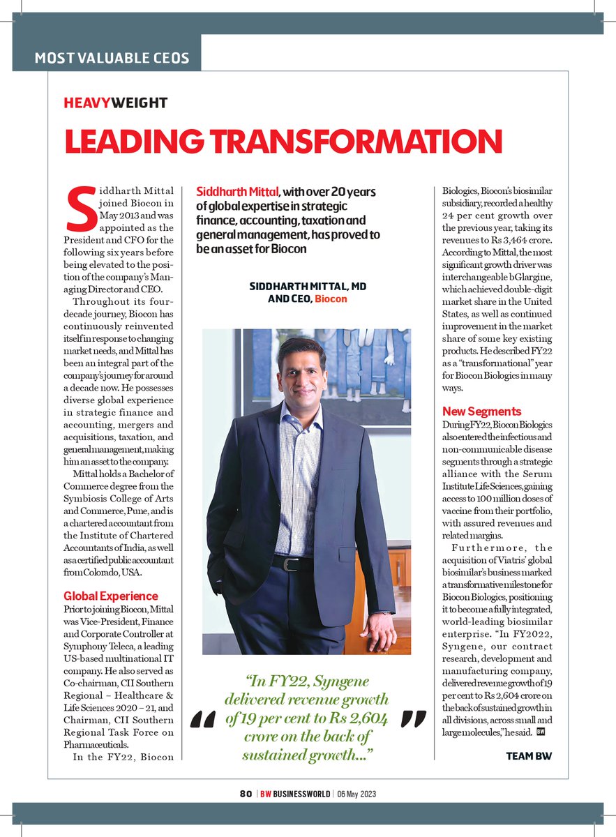 Biocon on Twitter: "RT @BWBusinessworld: Leading Transformation: Siddharth Mittal, MD And CEO ...