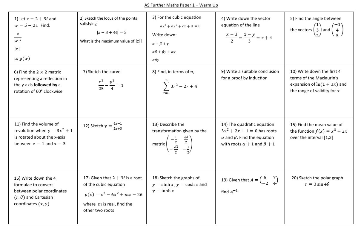 Emily Rae on Twitter: "Made a warm up grid for my AS Further Maths ...