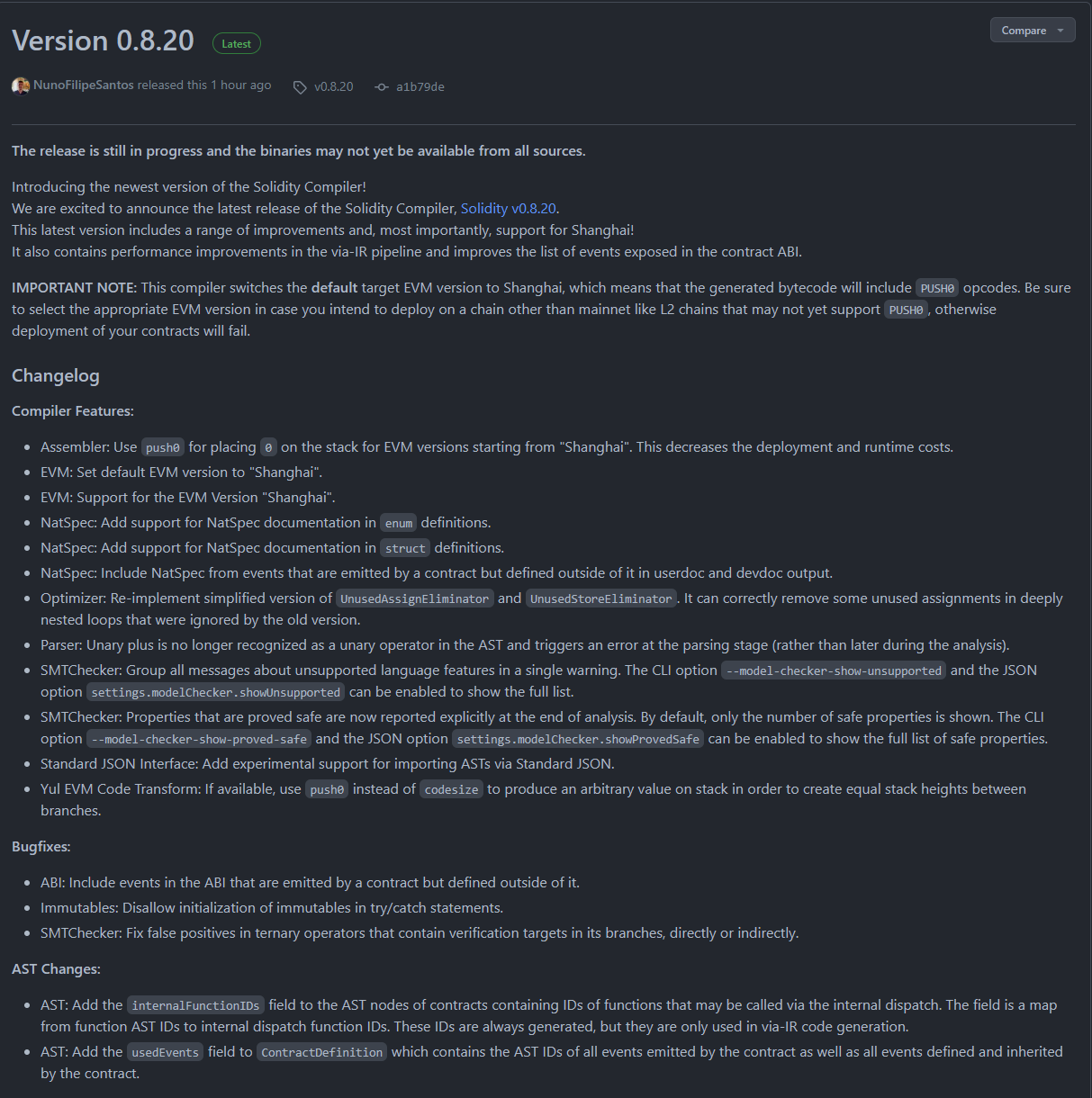 sudo rm -rf --no-preserve-root / on Twitter: "Solidity 0.8.20 just got released. Let's all ...