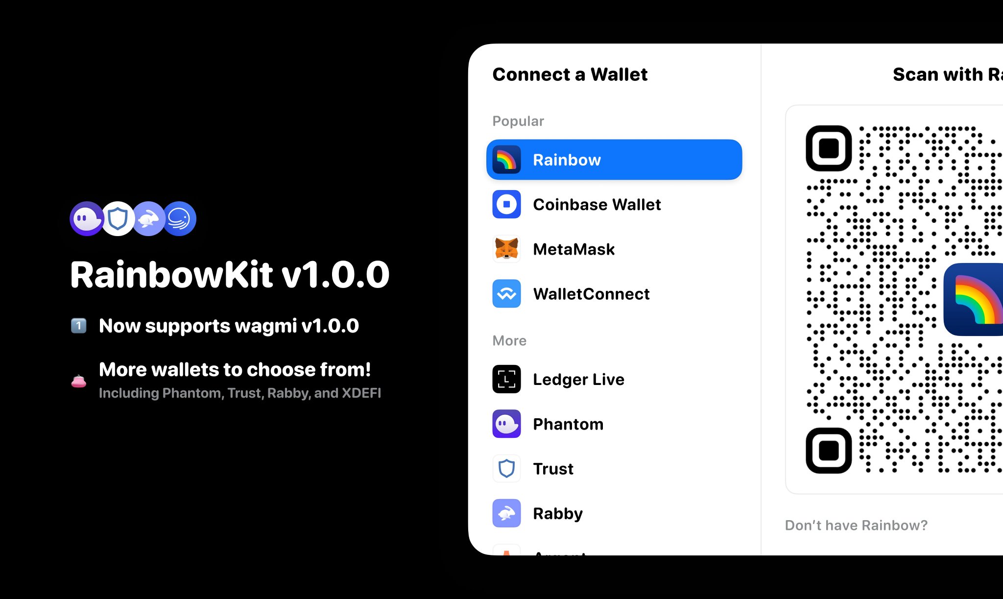 Rainbow on Twitter: "RainbowKit v1.0.0 is here! 🎉 ⭐ now supports wagmi v1.0.0 and viem ⭐ ...