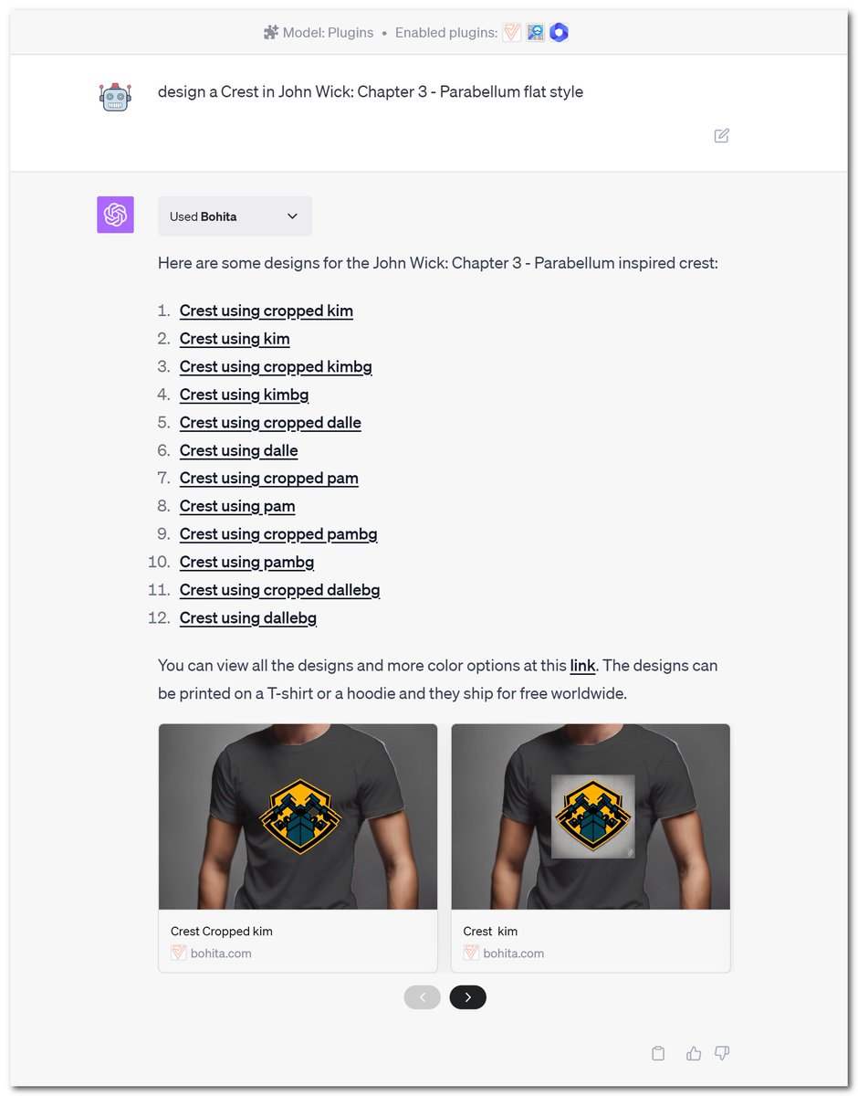𝕄𝕏𝕊ℍℝ 🤖 On Twitter Chatgpt 这个插件 Plugins Bohita 能设计t Shirt 对话框出现了超链接以及预览的缩略图,这意味着 Midjourney