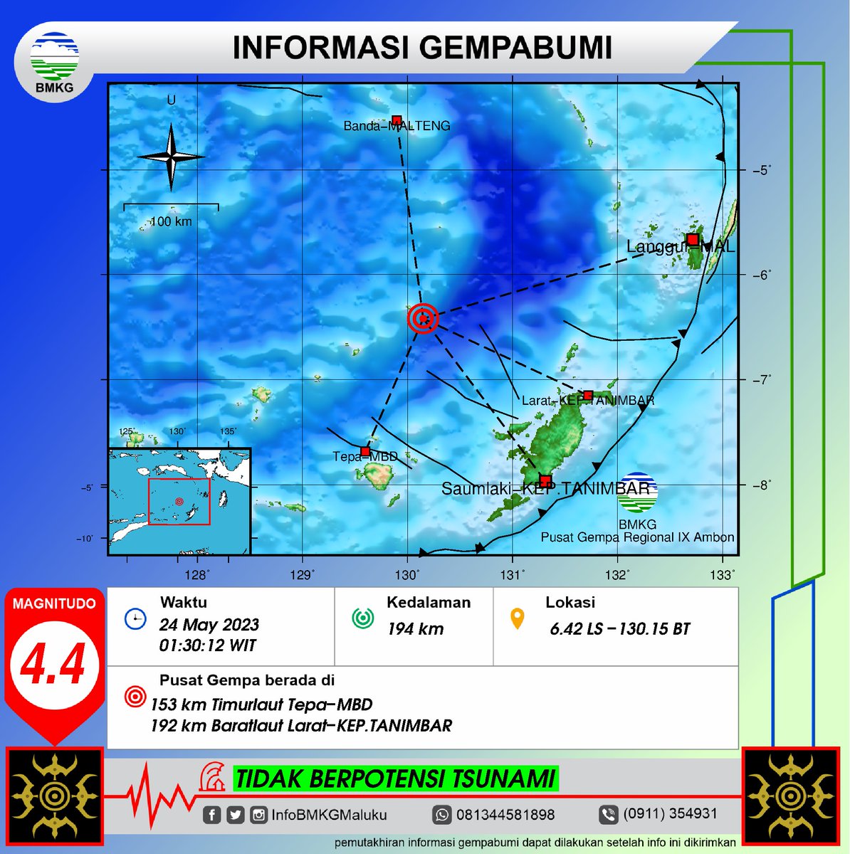 InfoBMKGMaluku on Twitter: "Info Gempa Mag:4.4 SR, 24-May-23 01:30:12 WIT, Lok:6.42 LS-130.15 BT ...