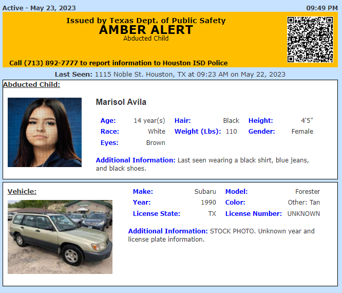 Joel Thomas On Twitter Rt Tx Alerts Active Amber Alert For Marisol