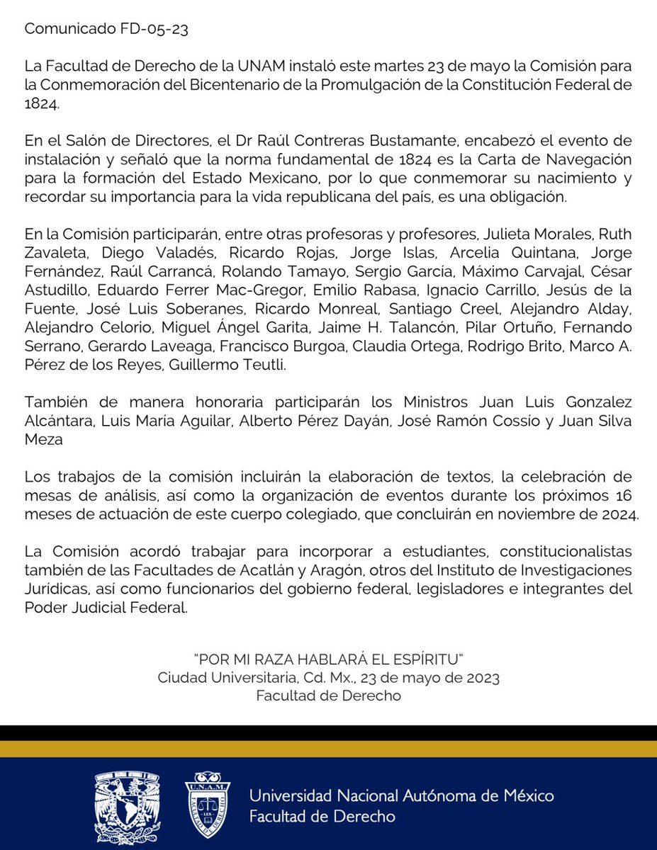 Facultad de Derecho on Twitter: "Comunicado FD-05-2023 Sobre la Instalación de la Comisión para ...