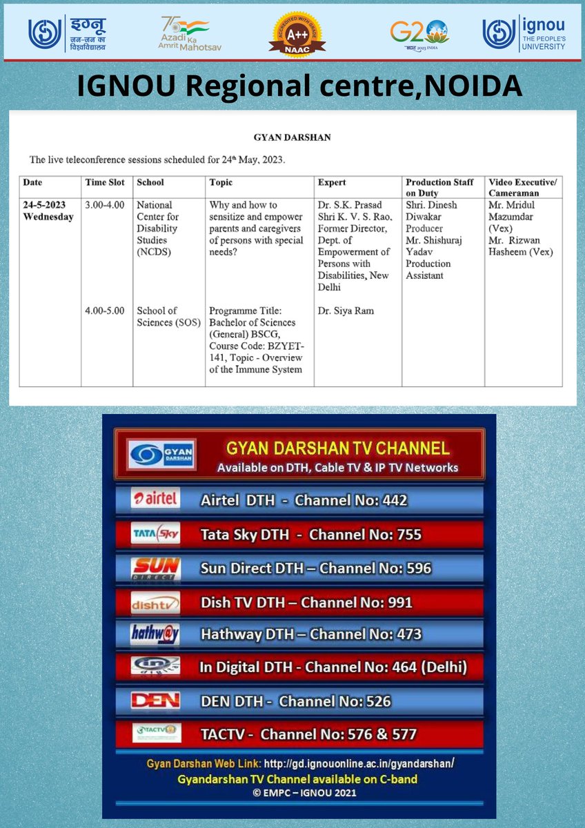 IGNOU on Twitter: "RT @rcnoida: Live teleconference sessions of Gyan Darshan Channel scheduled ...
