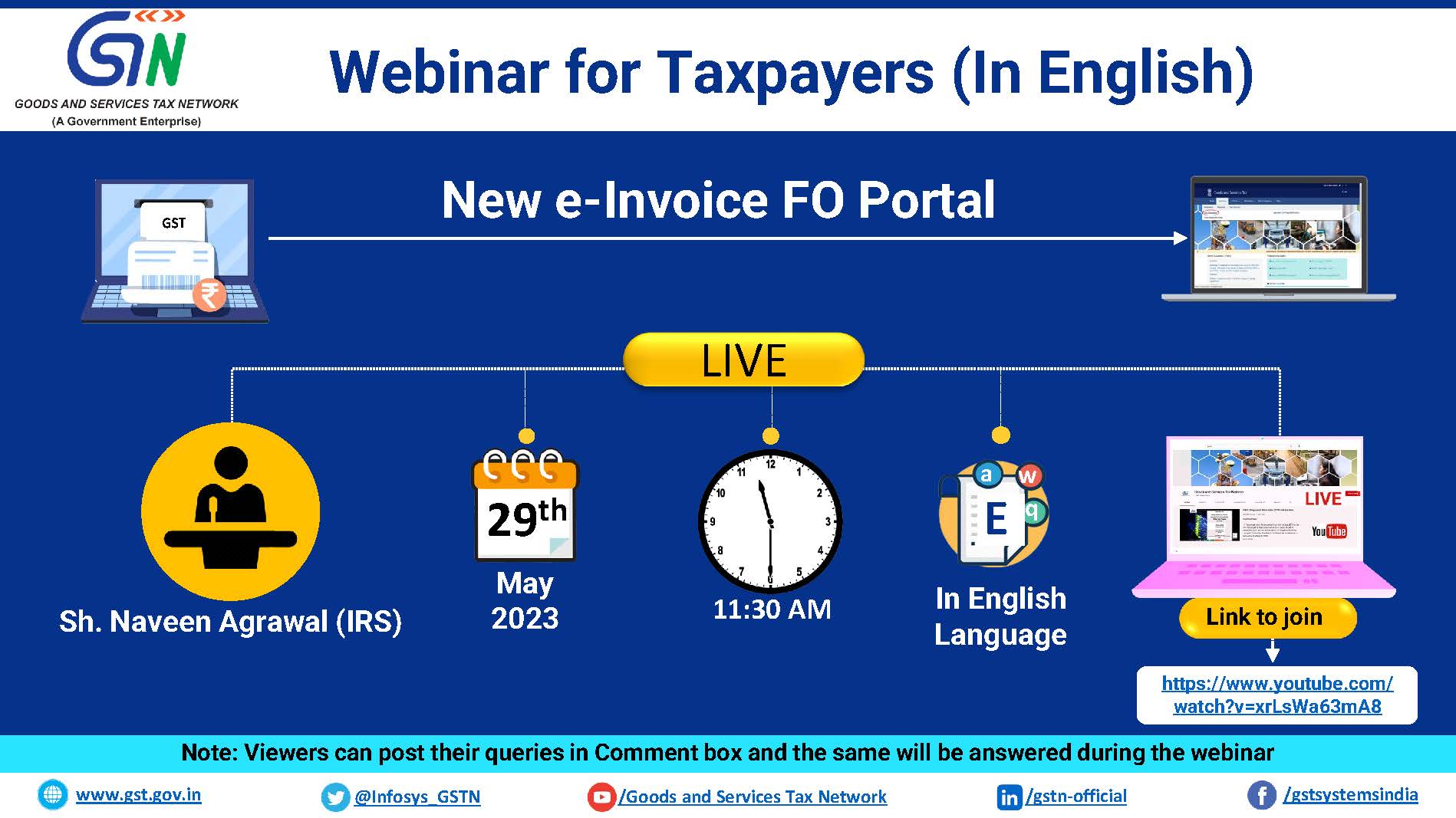 GST Tech on Twitter: "Webinar on 'New e-Invoice FO Portal' in English. Monday, 29.05.2023, 11:30 ...