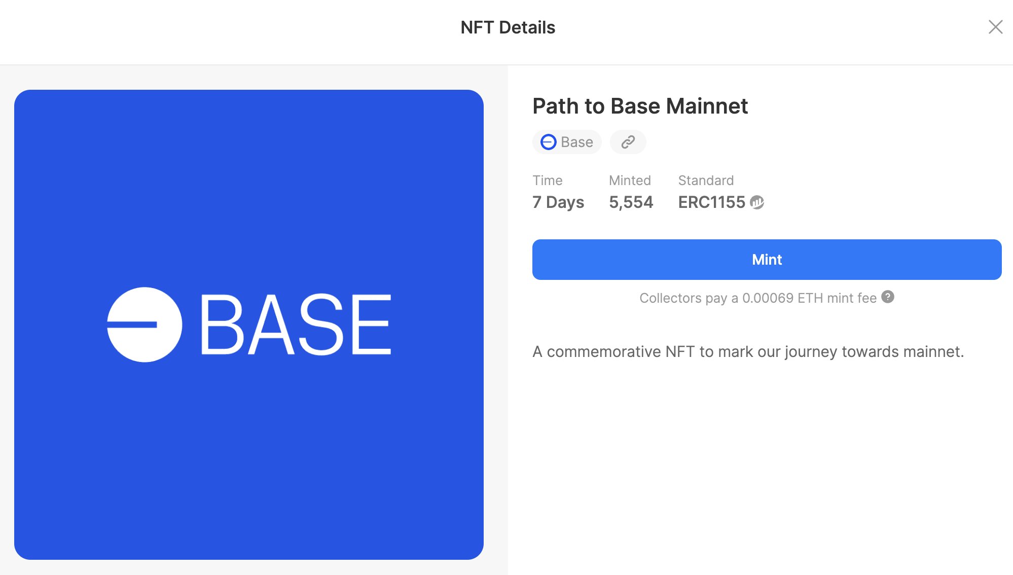 あつまれ クリプトの森 cryptonomori on Twitter: "#Base 「Path to Base Mainnet」NFT ミントできるよ 0.00069 ETH＋ガス代 ...