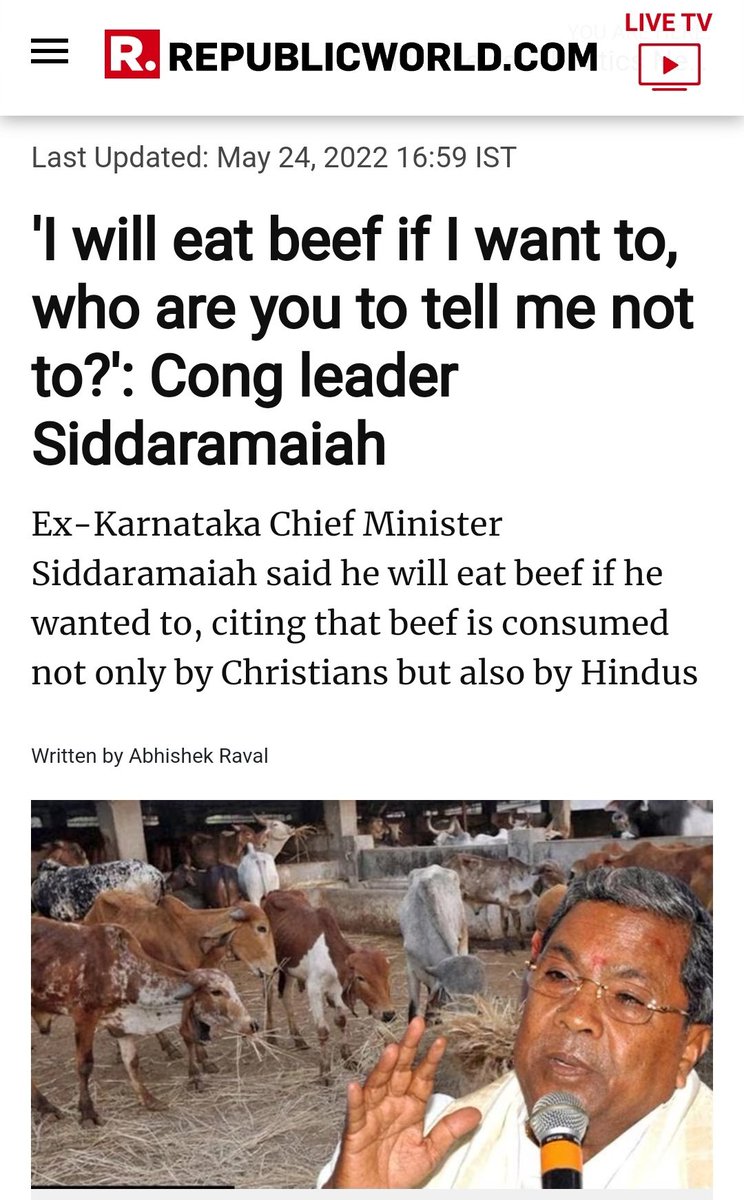 Arun Pudur on Twitter: "Siddaramaiah proudly claimed he is a Beef Eater, he will remove Gau ...