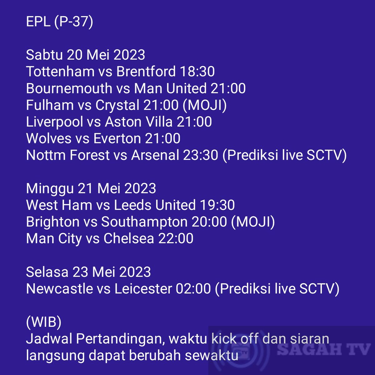 sagahtvlive on Twitter: "#Jadwal Bola :UEFA Champions League (SF-Leg 2) :UEFA Europa League (SF ...