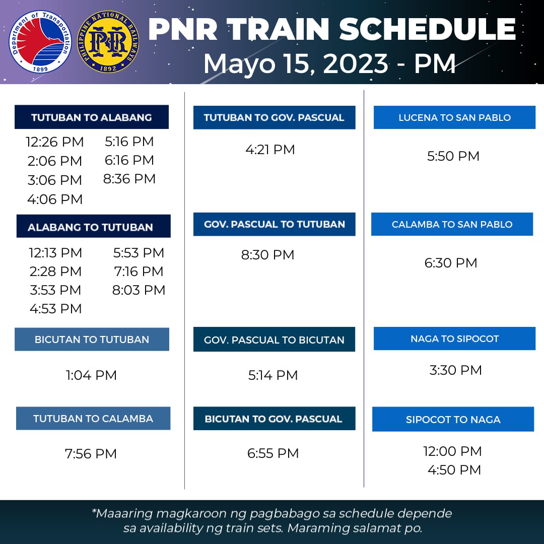 PNR_GovPH on Twitter: "ANUNSYO: Ngayong hapon at gabi ng May 15 2023, may byahe ang Philippine ...