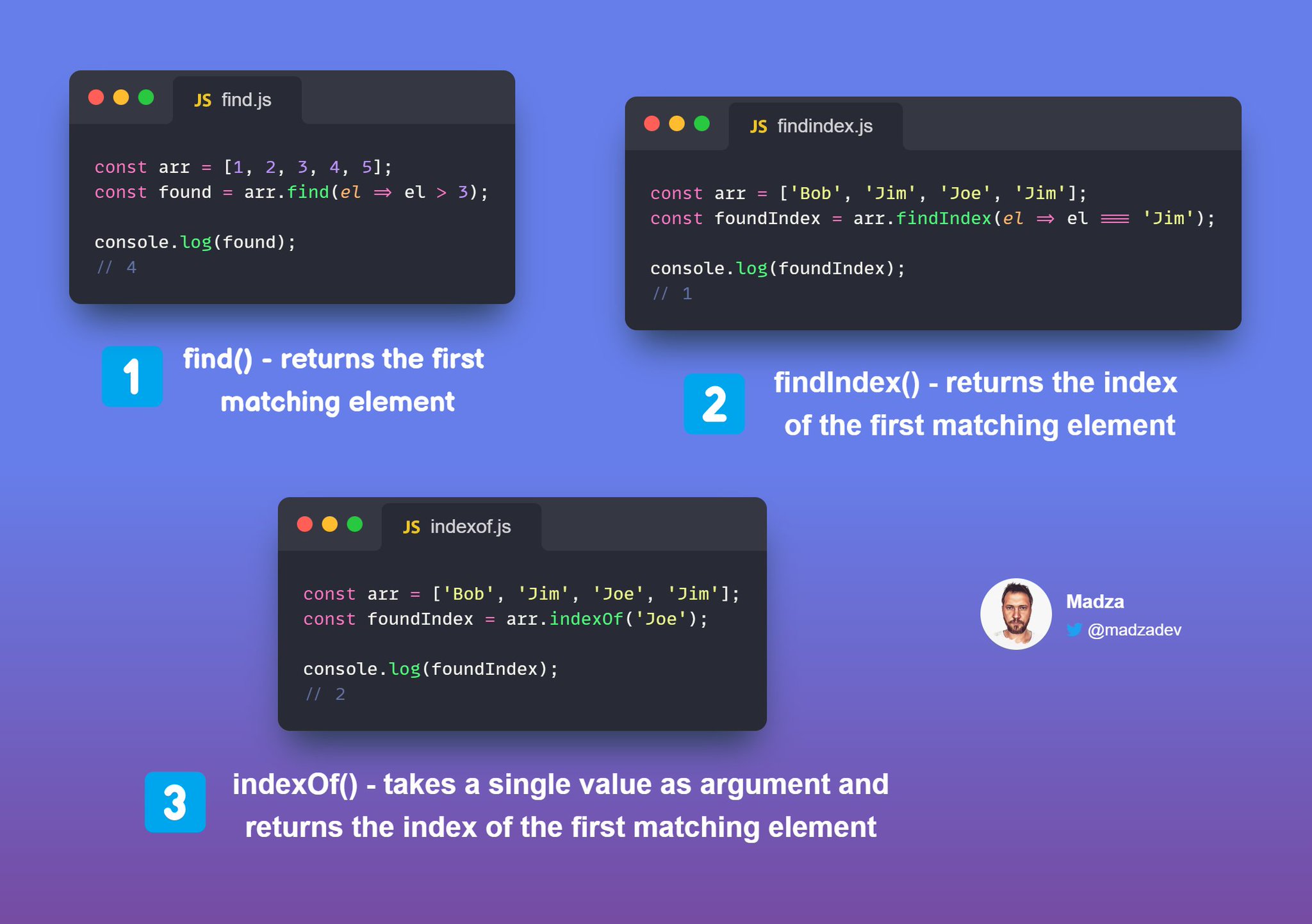 Madza 👨‍💻⚡ On Twitter Javascript Tip 💡 3 Methods To Find The Elements And Positions In Arrays