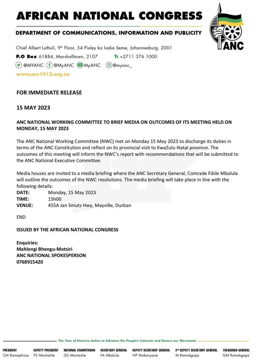 African National Congress on Twitter: "ANC NATIONAL WORKING COMMITTEE TO BRIEF MEDIA ON OUTCOMES ...