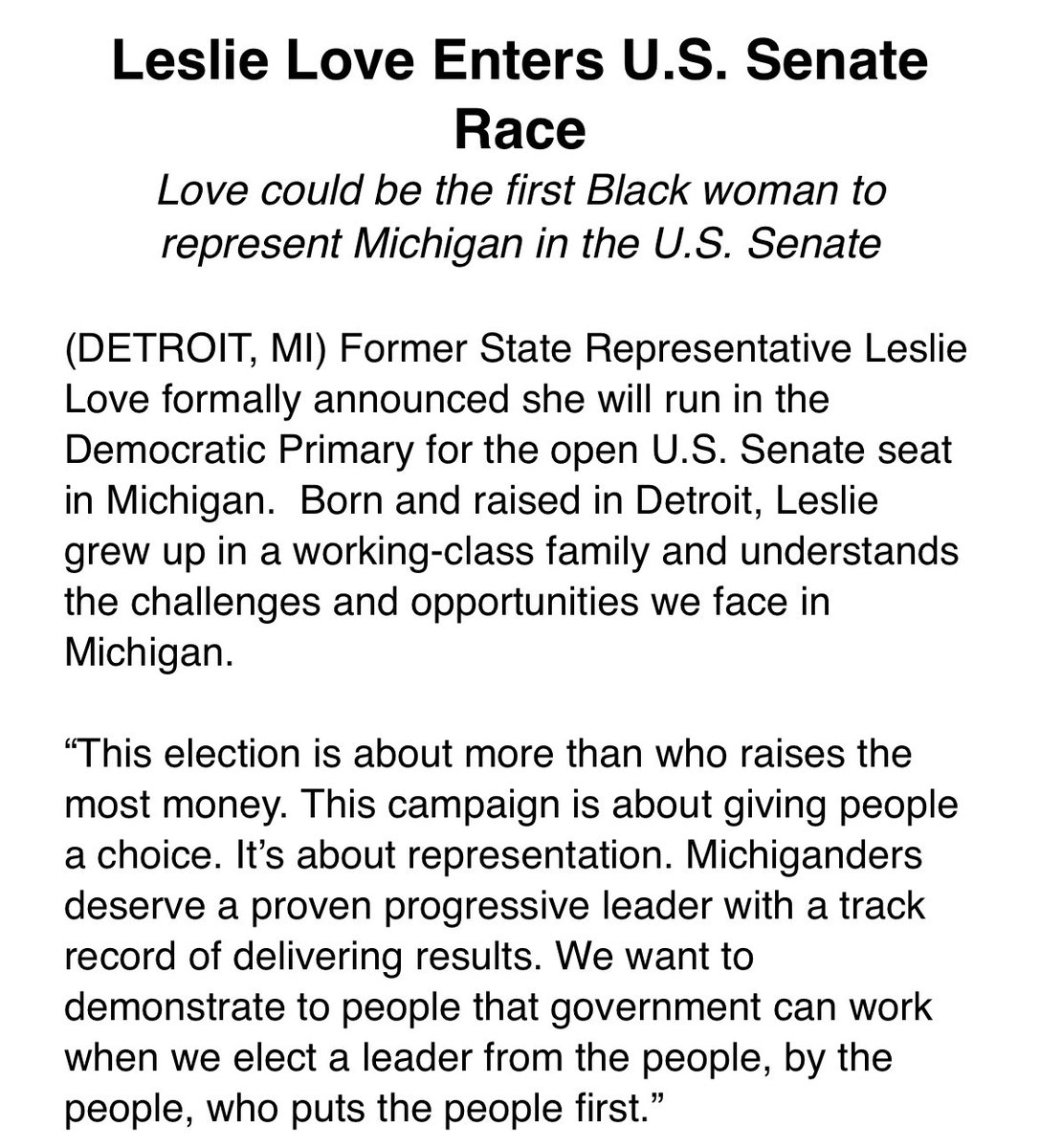 Craig Mauger on Twitter: "Former state Rep. Leslie Love officially running for the U.S. Senate:"