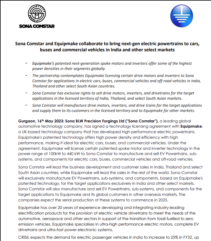 Varun Dubey on Twitter: "Sona BLW In Focus Company signs a technology licensing agreement with ...