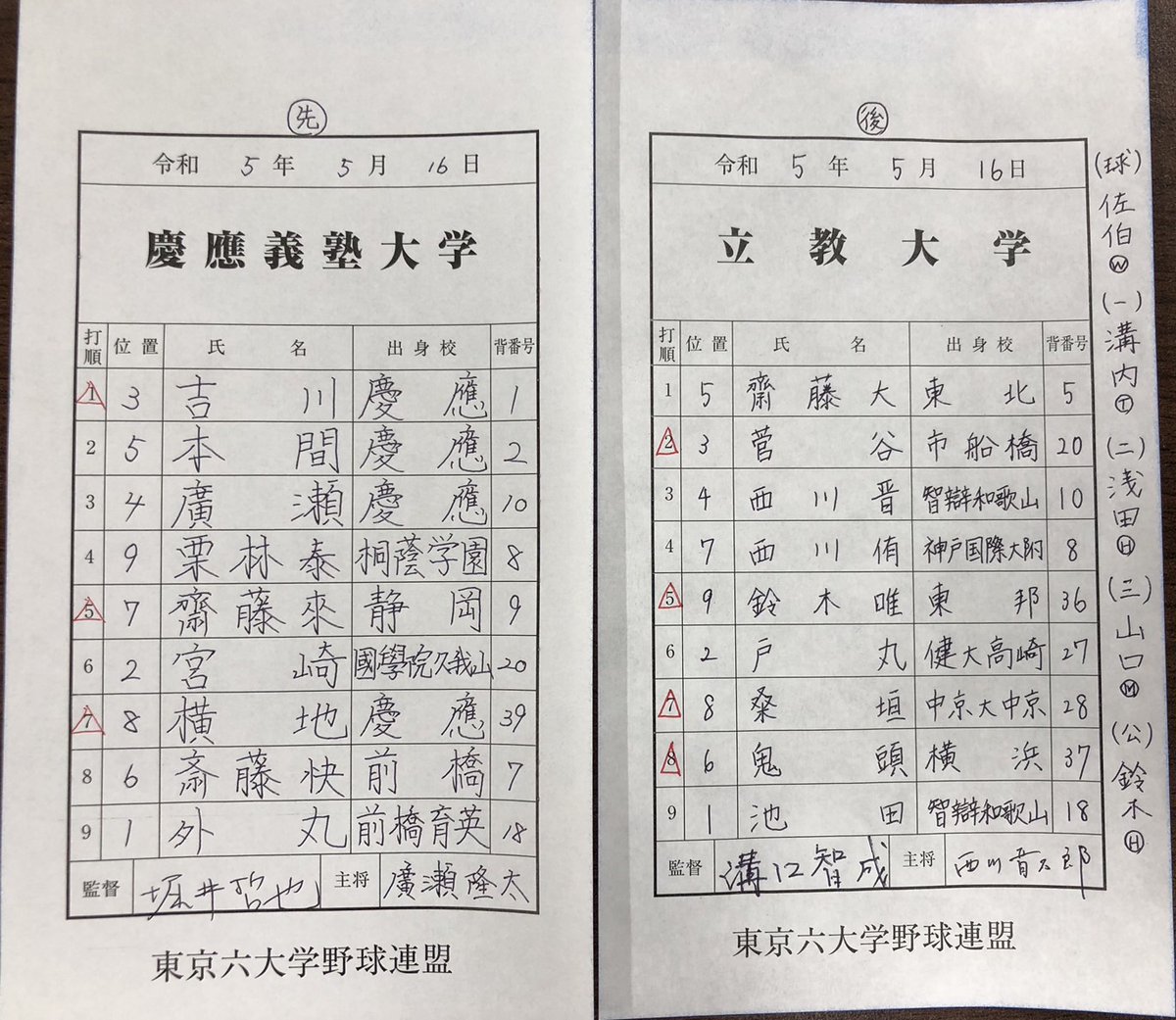 BIG6.TV on Twitter: "【GAME1 慶大 - 立大】 スタメン&ベンチ入りメンバー 1回戦と同じく、慶大 #外丸東眞(②前橋育英)、立大 #池田陽佑(④智辯和歌山)が先発 ...