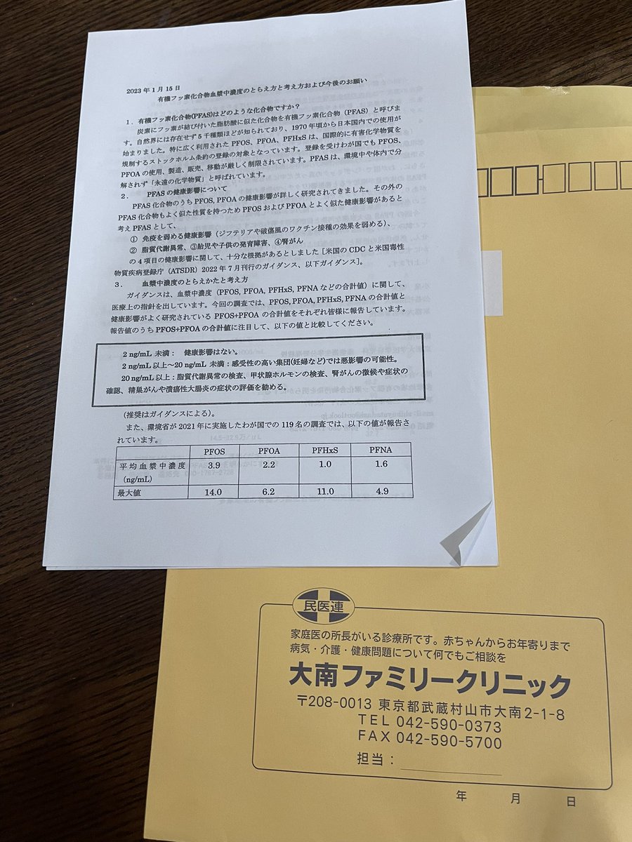 藤田まさみ On Twitter 2月に行ったpfas検査の結果が届きました。特に詳しく研究されてきたpfospfosaの値は約10ngmlで、今回検査に参加した多摩28市551名の