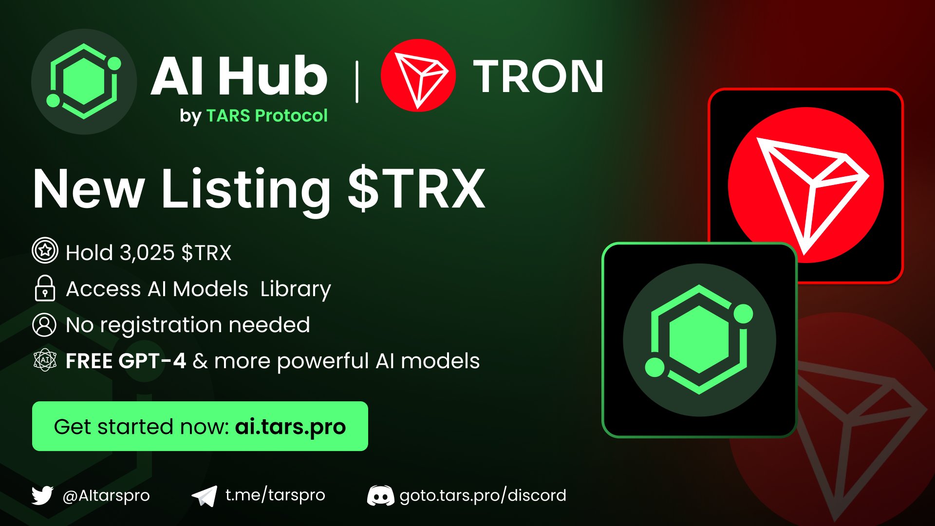 A.I. Hub | TARS on Twitter: "Great news! $TRX is now listed on 𝐓𝐀𝐑𝐒 𝐀𝐈 𝐇𝐮b! @trondao @TronixTrx ...