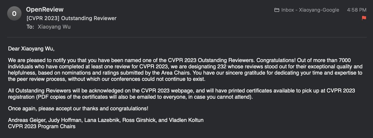 Xiaoyang Wu on Twitter: "I am really glad to be named a CVPR'23 outstanding reviewer as my first ...