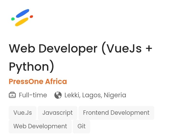 ToHire.NG on Twitter: "Web Developer (VueJs + Python) at PressOne Africa - Lekki, Lagos Salary ...