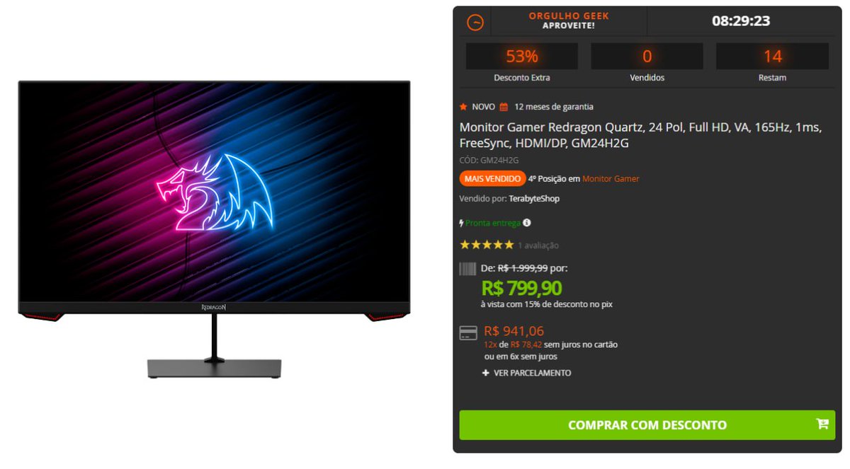 LinksBR on Twitter: "Ele ai!! Monitor Gamer Redragon Quartz, 24 Pol, Full HD, VA, 165Hz, 1ms - R ...