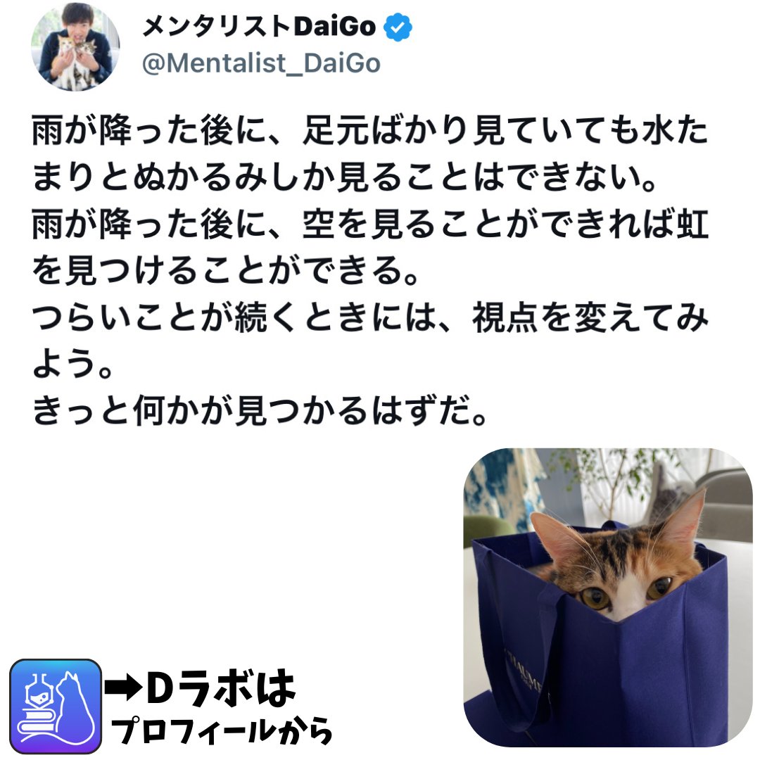 メンタリストDaiGo on Twitter: "🐈公式Instagramにて、メンタルが強くなる心理学格言を毎日公開中 ︎https://instagram.com/mentalistdaigo/"