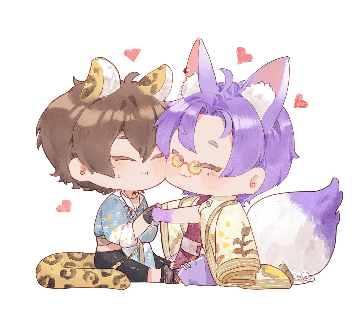 animal ears multiple boys chibi fox boy mole under eye fox tail 2boys ...