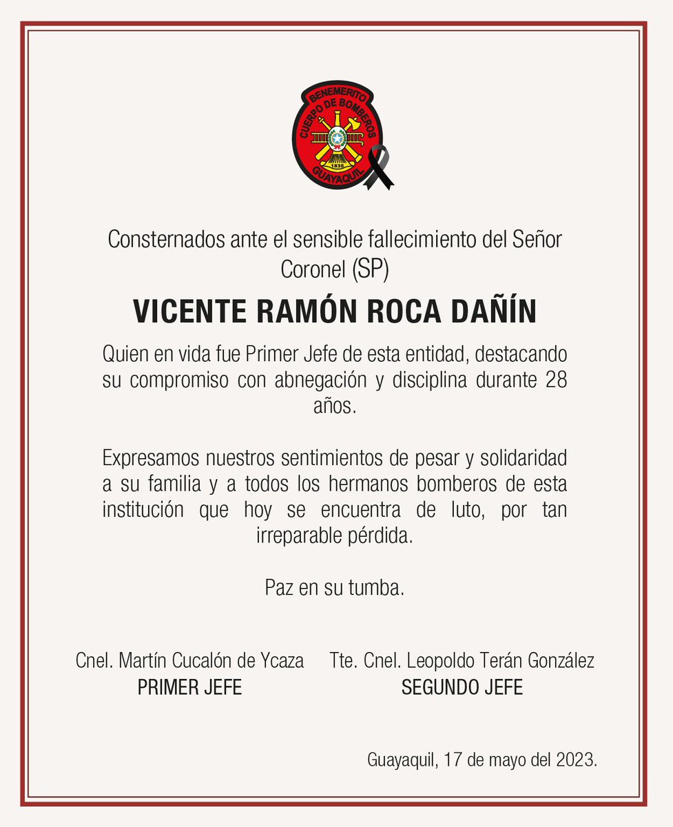 Bomberos Guayaquil on Twitter: "Lamentamos el sensible fallecimiento del Coronel (SP) Vicente ...
