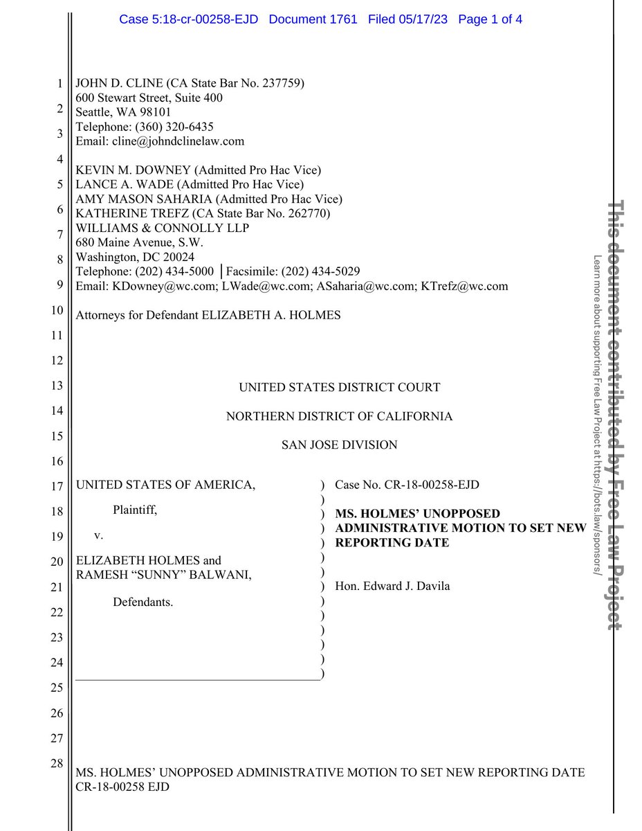 Big Cases Bot on Twitter: "New filing: "U.S. v. Elizabeth Holmes (district)" Doc #1761 ...