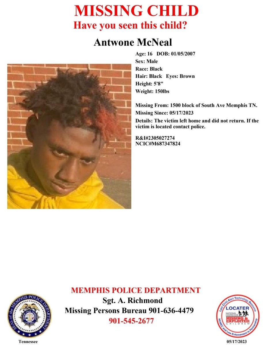 Memphis Police Dept On Twitter Have You Seen Antwone Mcneal Report