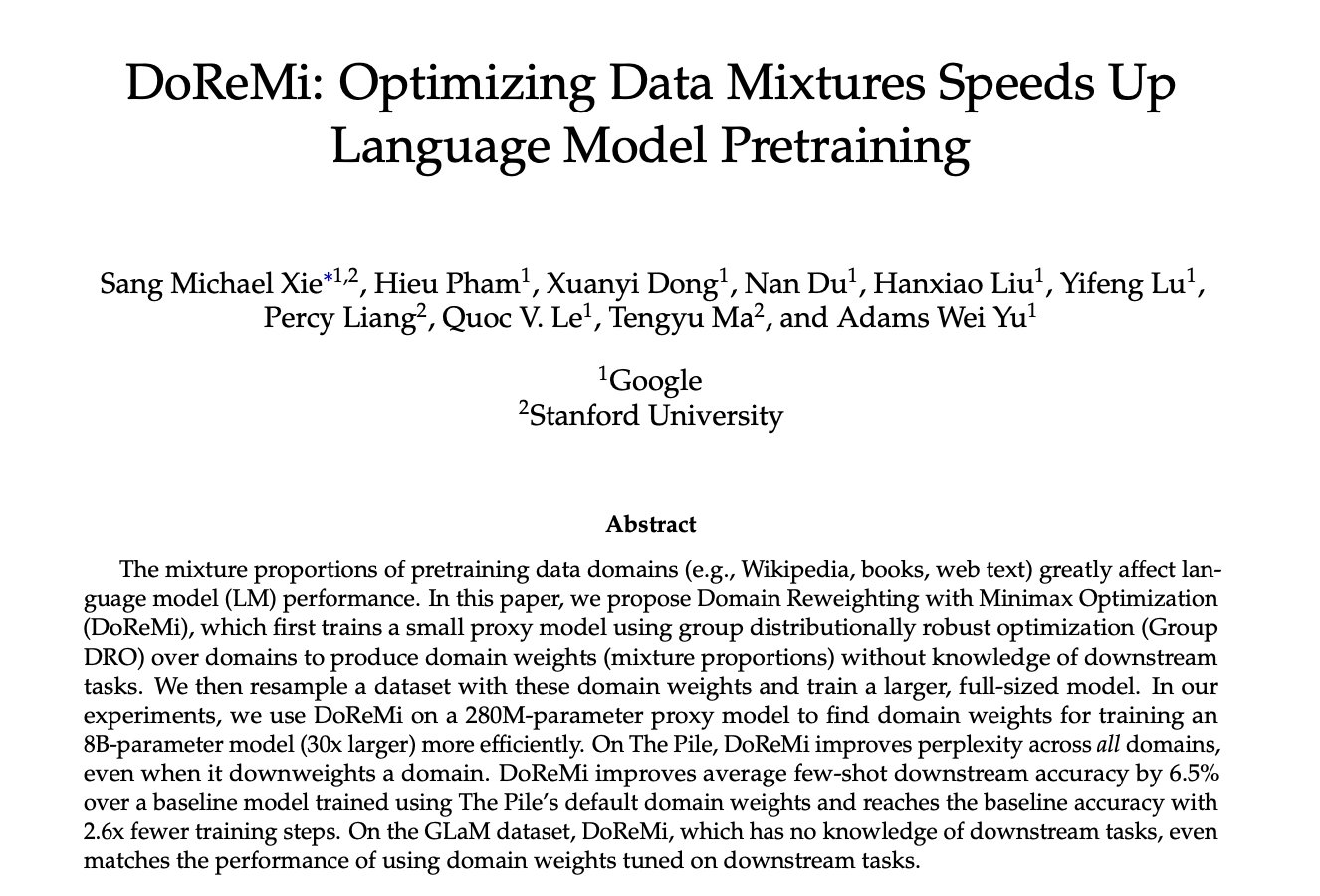 AK on Twitter: "DoReMi: Optimizing Data Mixtures Speeds Up Language Model Pretraining In ...