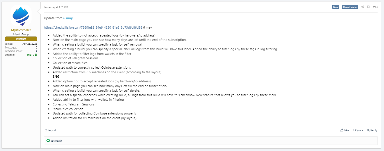 FalconFeedsio on Twitter: "Mystic Stealer has launched a new update on the hacker's forum. # ...