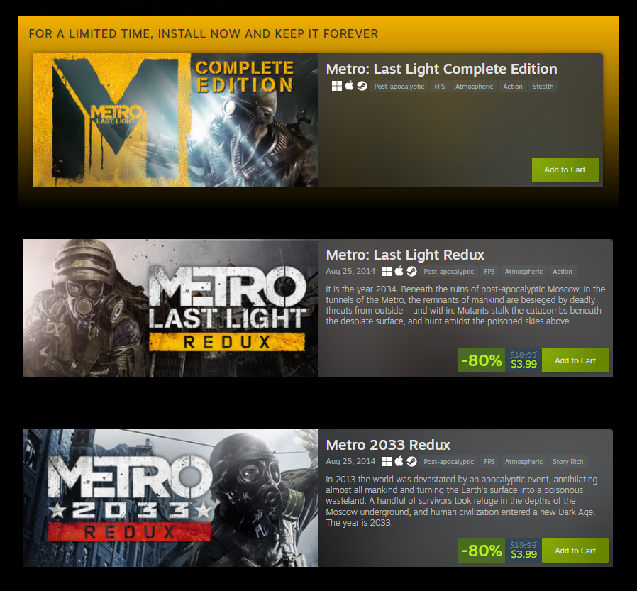 Wario64 on Twitter: "Metro franchise sale on Steam https://bit.ly/3pUbWct"