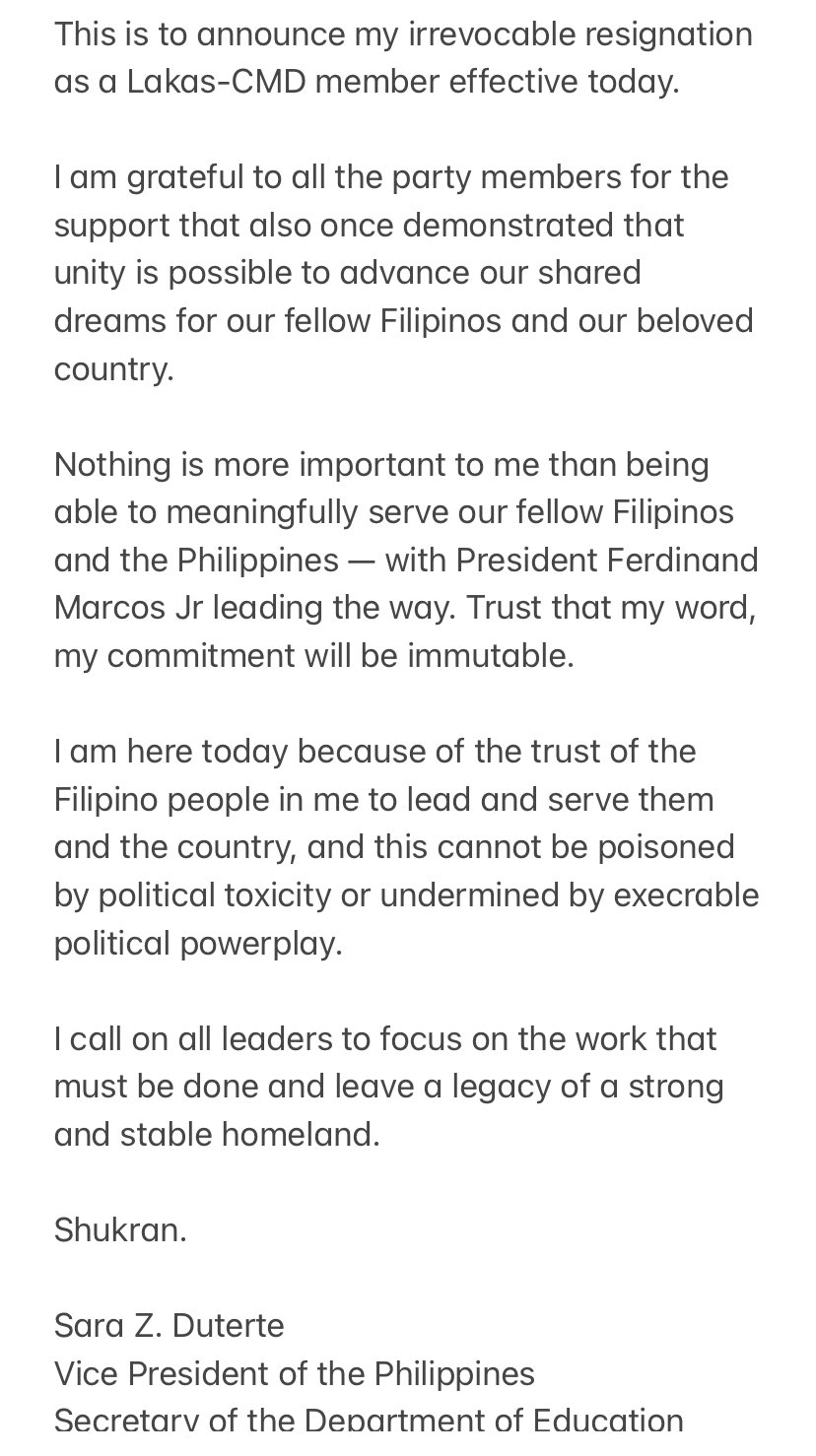 ABS-CBN News on Twitter: "@joycebalancio Read VP Sara Duterte's statement on her resignation as ...