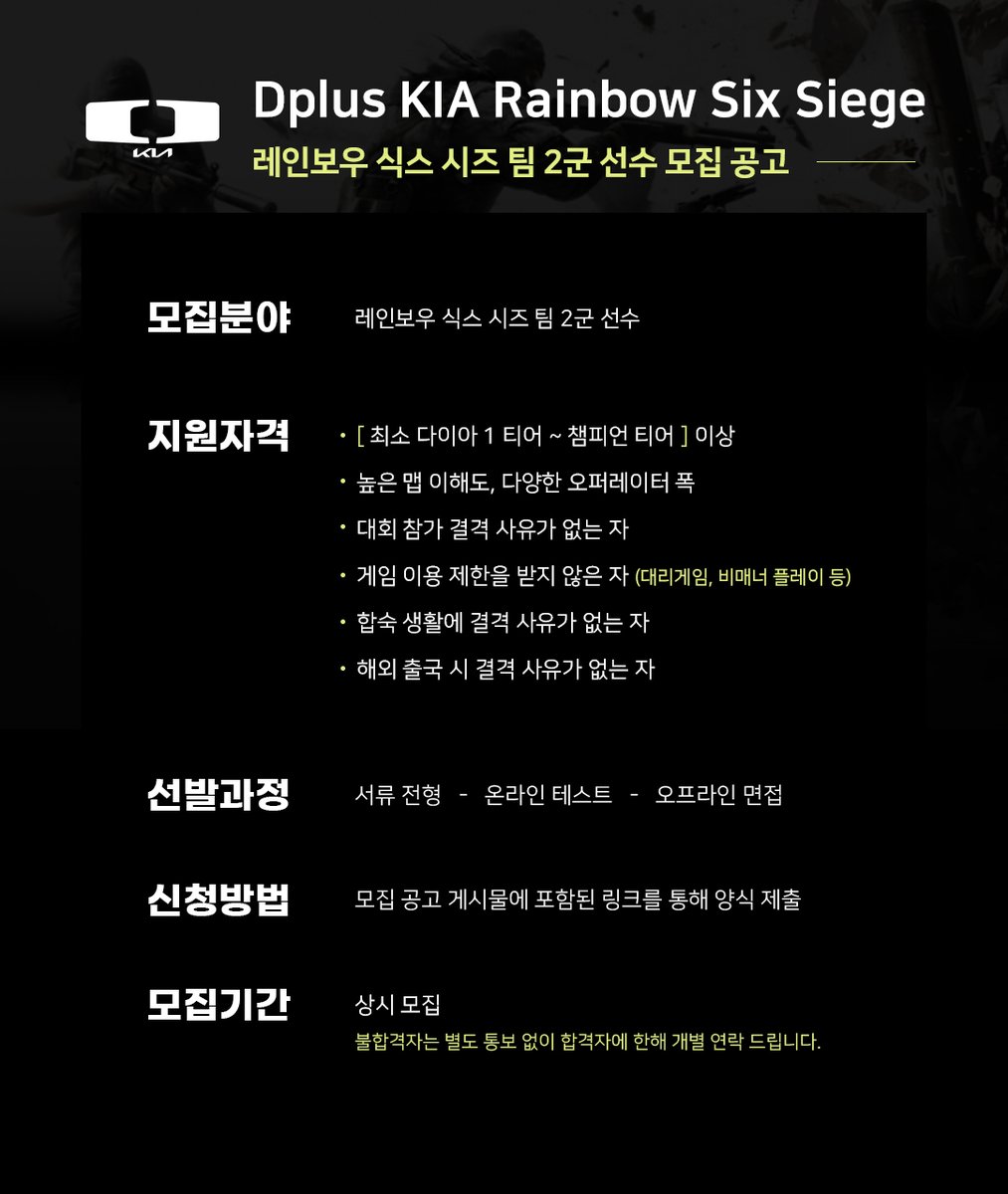 Dplus KIA_R6 on Twitter: "[Dplus KIA R6 팀 2군 선수 모집 안내] Dplus KIA R6 팀과 함께할 2군 선수를 모집합니다. 자세한 내용은 ...