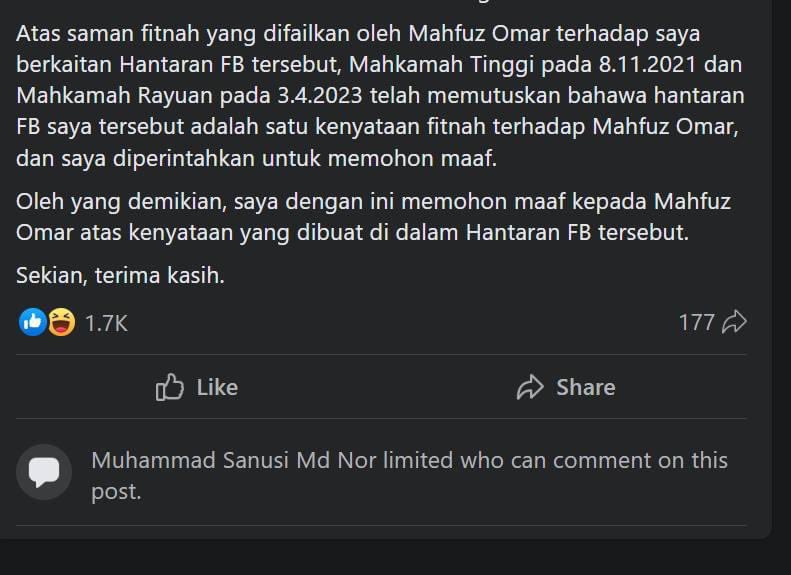 CIKY🅰️NIE on Twitter: "Sanusi akhirnya membuat kenyataan memohon maaf kepada Mahfuz kerana ...