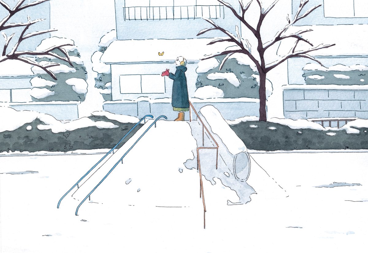 snow solo tree wide shot 1girl outdoors winter illustration images