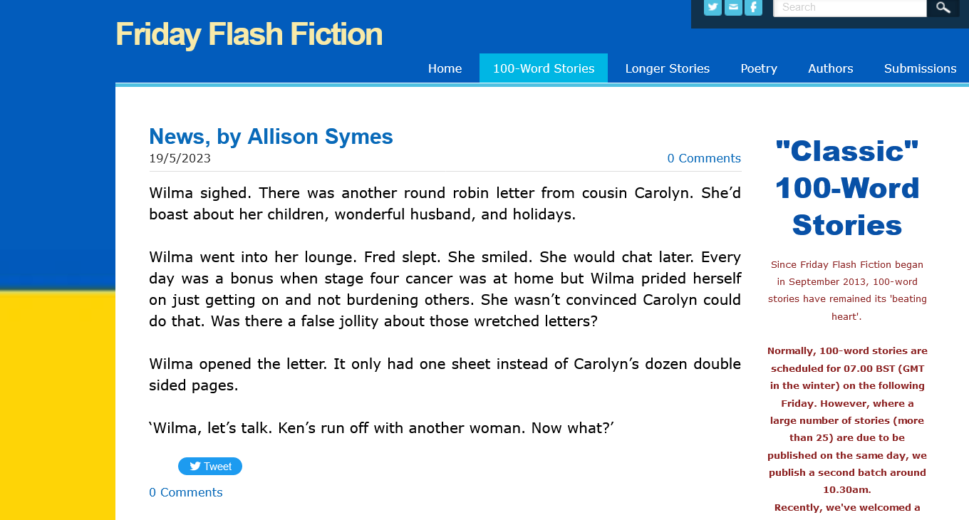 Allison Symes on Twitter: "News, by Allison Symes - Friday Flash Fiction https://t.co/pgjeDrGvAg ...