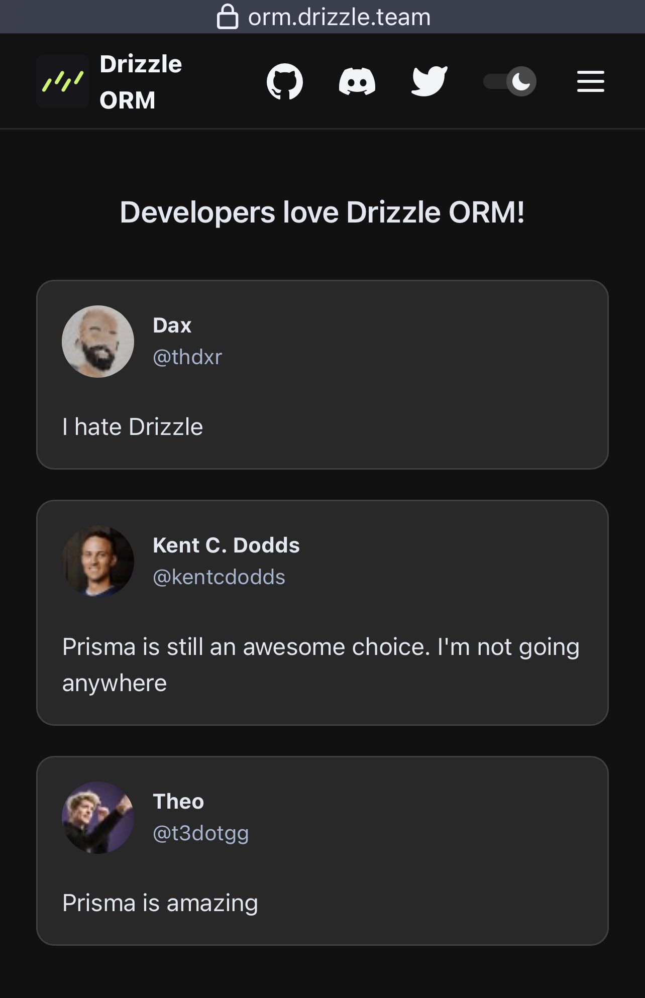 Vince Lozada on Twitter: "Hey @DrizzleOrm , check your “Developers love Drizzle ORM!” section on ...