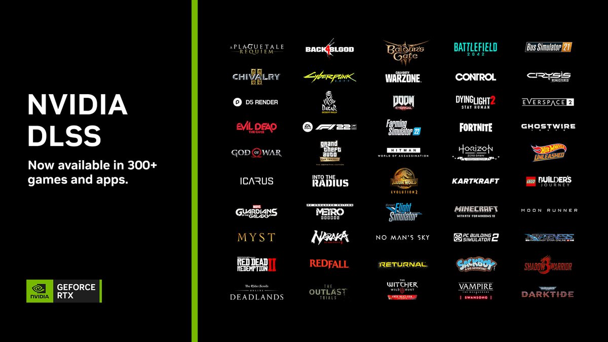 NVIDIA GeForce JP on Twitter: "DLSS は 300 以上のゲームやアプリに対応し、性能を飛躍させます⚡ DLSS 3 対応 🟢 D5 Render 🟢 近日 ...