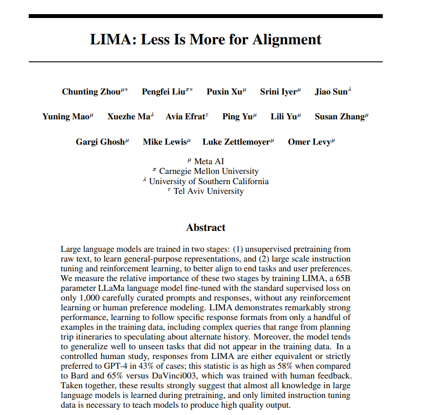 Aran Komatsuzaki on Twitter: "LIMA: Less Is More for Alignment Presents LIMA, a 65B LLaMa ...
