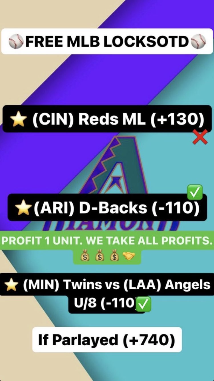 Locks OTD on Twitter: "⚾️FREE MLB LOCKS OTD⚾️ 🔥LETS STAY HOT🔥 💰Record 2-1💰 ⭐️(CIN) Reds ML (+130 ...