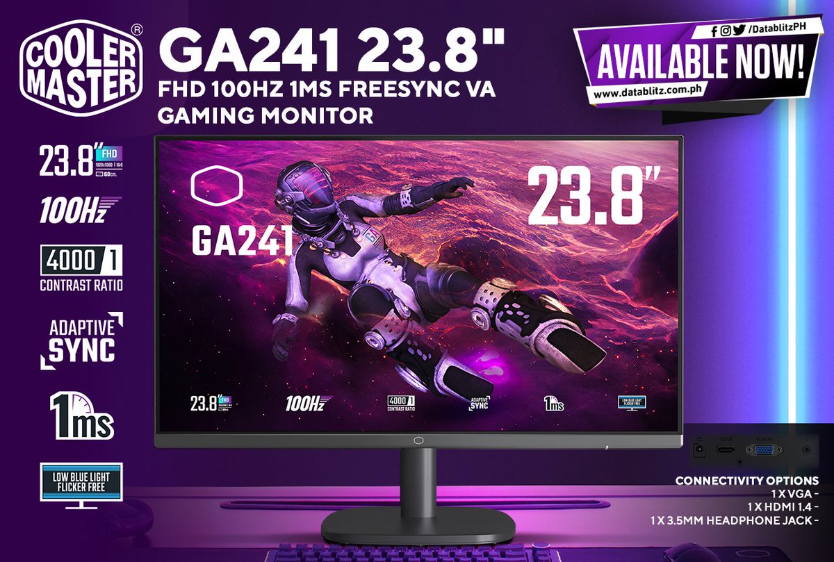 DataBlitz on Twitter: "FIND YOUR BALANCE. Cooler Master GA241 23.8" FHD 100Hz 1ms Freesync VA ...
