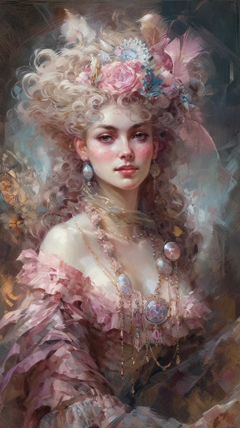 Midjourney Bot on Twitter: "e french rococo style, beautiful woman, pink wavy curly hair, pearls ...