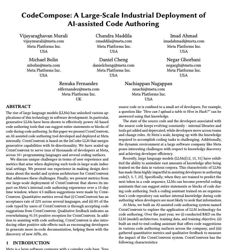 AK on Twitter: "CodeCompose: A Large-Scale Industrial Deployment of AI-assisted Code Authoring ...