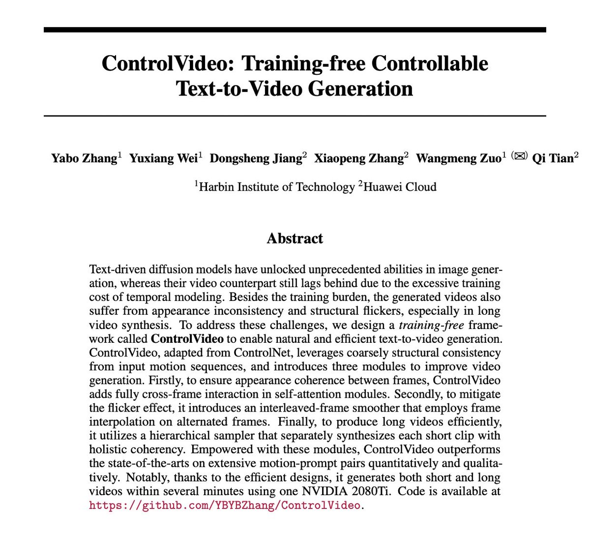 AK on Twitter: "ControlVideo: Training-free Controllable Text-to-Video Generation ControlVideo ...