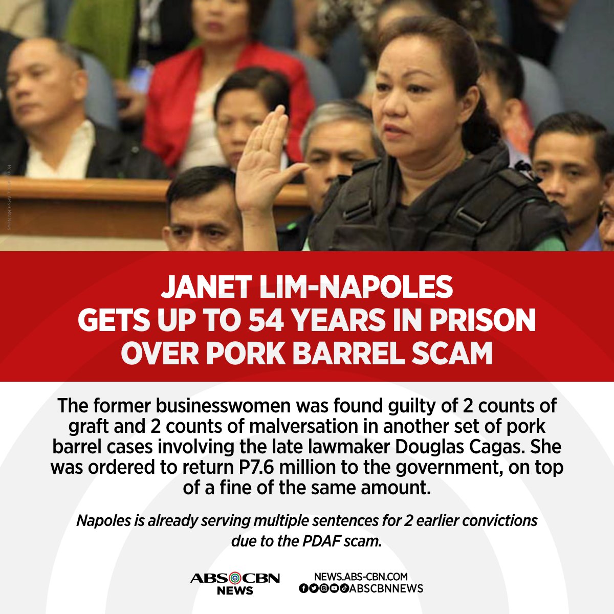 ABS-CBN News on Twitter: "Janet Lim-Napoles has been handed a prison sentence of 6-10 years for ...